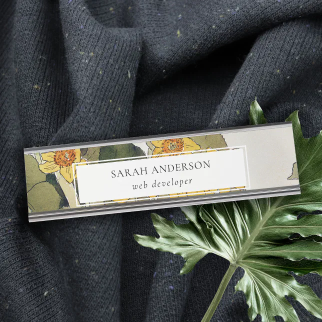 Retro Elegant Rustic Yellow Green Daffodil Floral Desk Name Plate | Zazzle