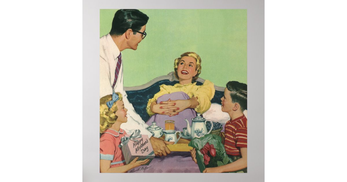 Retro Family Serves Mom Breakfast in Bed Poster | Zazzle