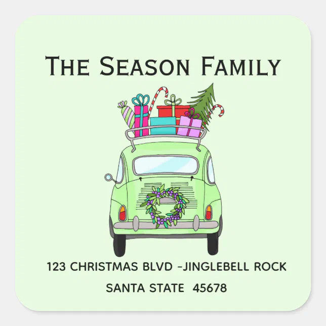Retro Fiat 500 with Christmas Gifts Square Sticker | Zazzle