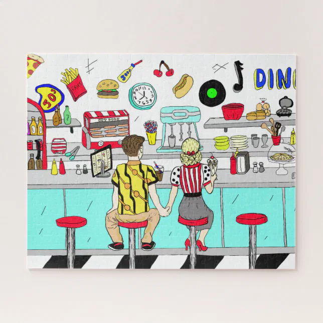 Retro Fifties Diner with Couple Holding Hands Jigsaw Puzzle | Zazzle