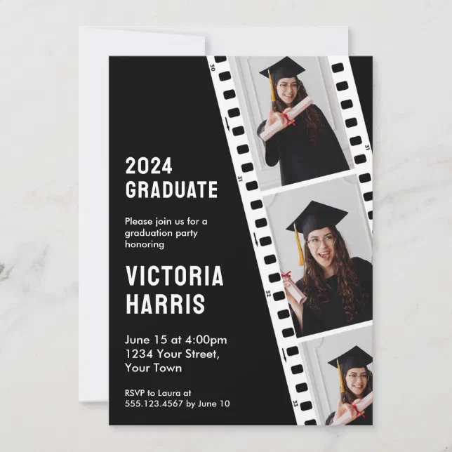 Retro Film Strip Custom 3 Photos Cool Graduation Invitation | Zazzle