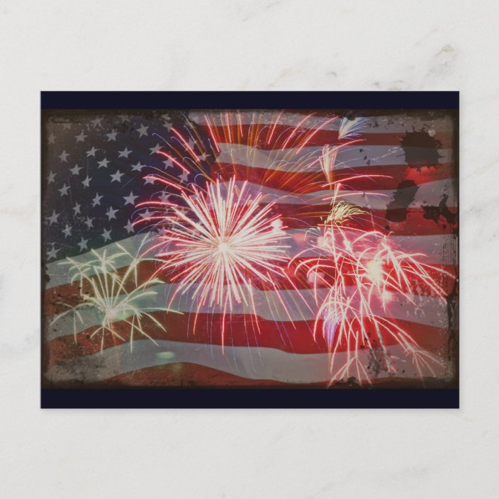Retro Flag and Fireworks Postcard | Zazzle.com