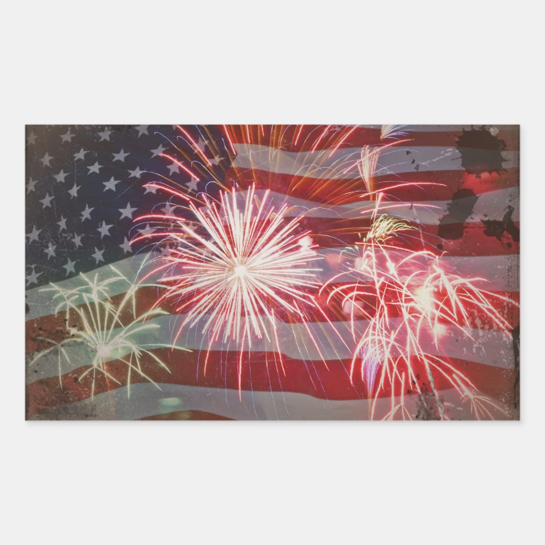 Retro Flag and Fireworks Rectangular Sticker | Zazzle