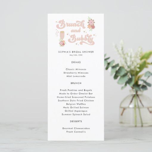 Retro Floral Brunch and Bubbly Bridal Shower Menu | Zazzle