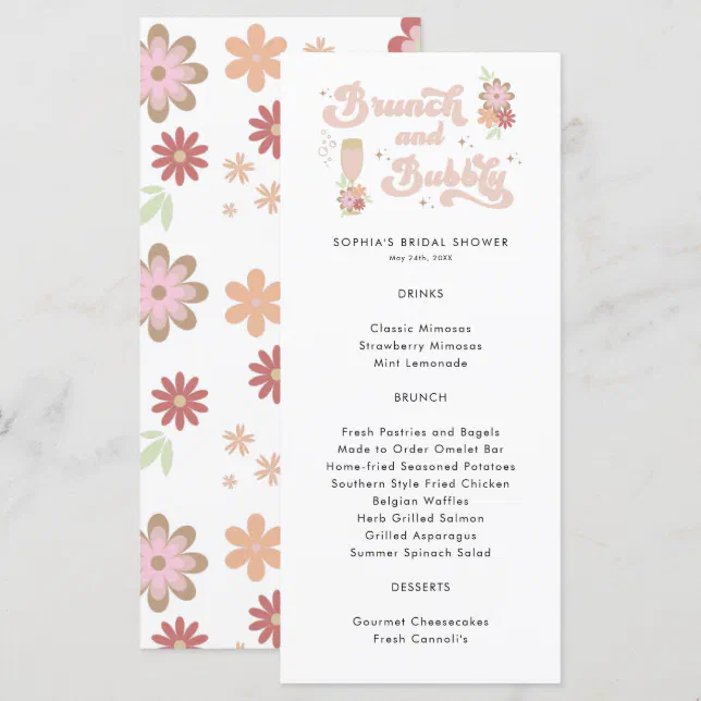 Retro Floral Brunch and Bubbly Bridal Shower Menu | Zazzle