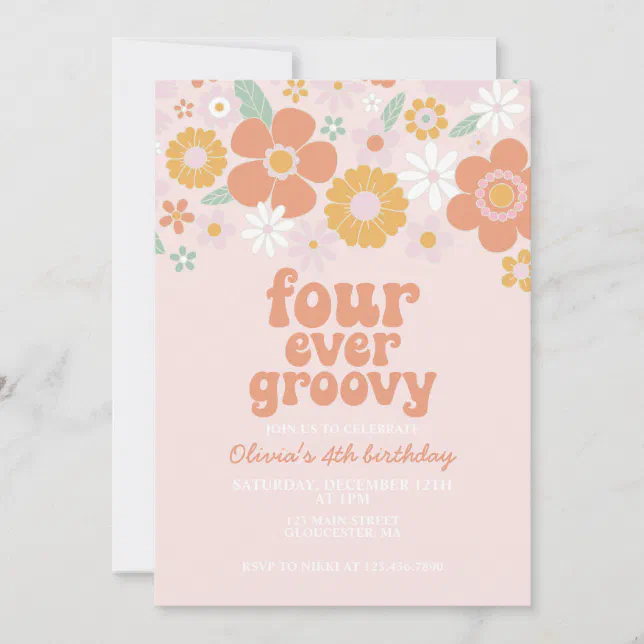 Retro Floral Four Ever Groovy 4th birthday Invitation | Zazzle