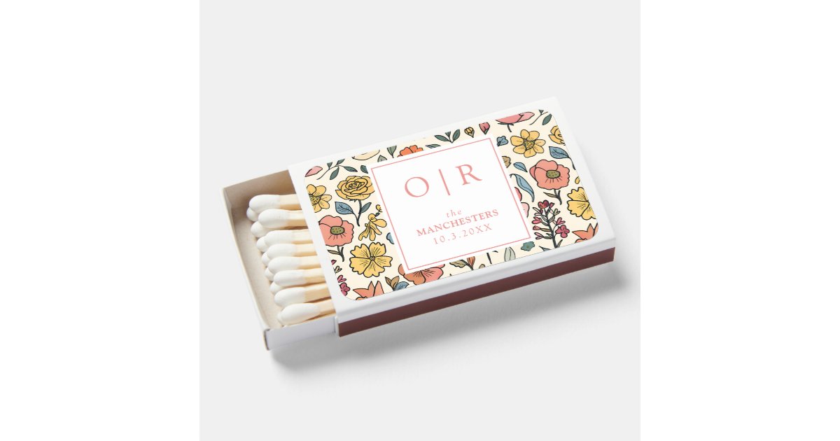 Retro Floral Initial Cottagecore Wedding Favor Matchboxes | Zazzle