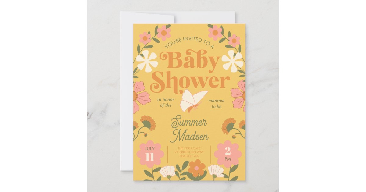 Retro Flower Mustard Yellow Baby Shower Invitation | Zazzle