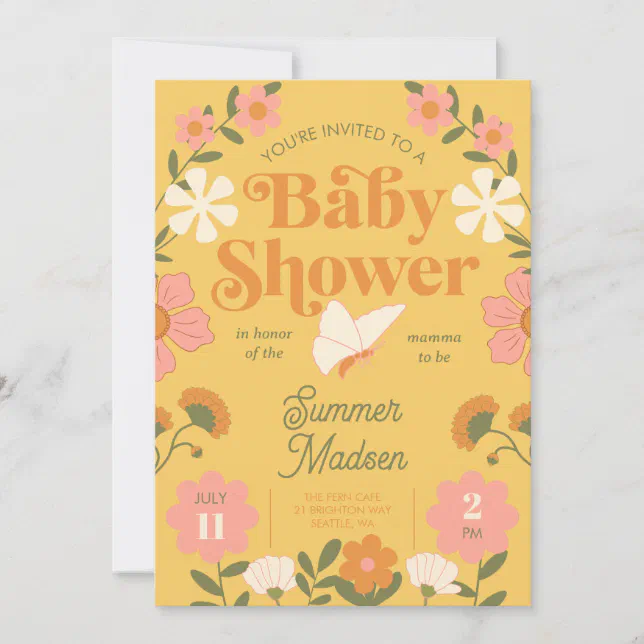Retro Flower Mustard Yellow Baby Shower Invitation | Zazzle