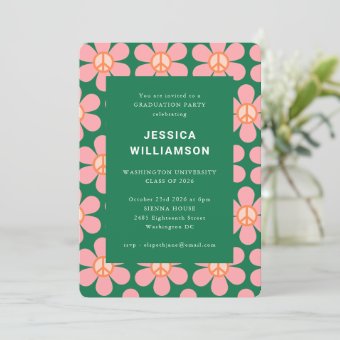 Retro Flower Peace Pink Green Graduation Party Invitation | Zazzle