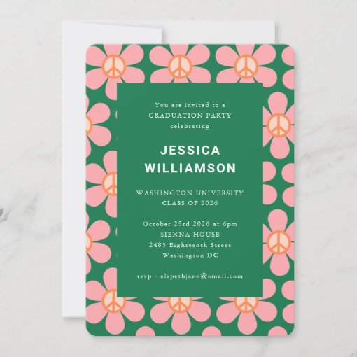 Retro Flower Peace Pink Green Graduation Party Invitation | Zazzle