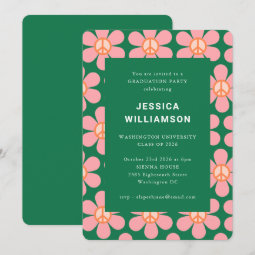 Retro Flower Peace Pink Green Graduation Party Invitation | Zazzle
