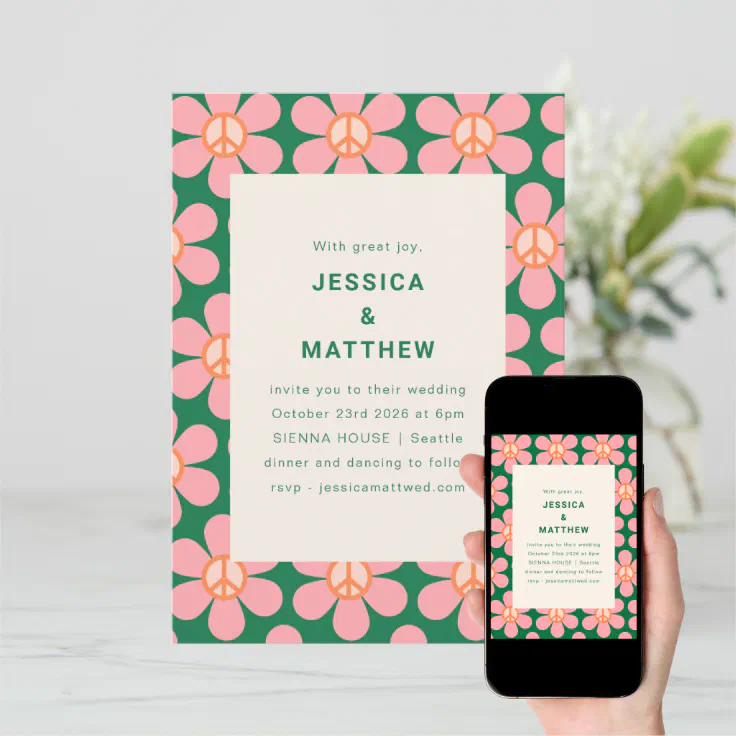 Retro Flower Peace Pink Green Groovy Wedding Invitation | Zazzle