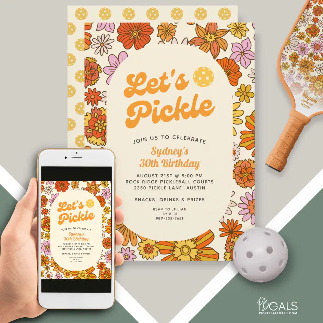 Retro Flower Power Pattern Pickleball Party Invitation | Zazzle