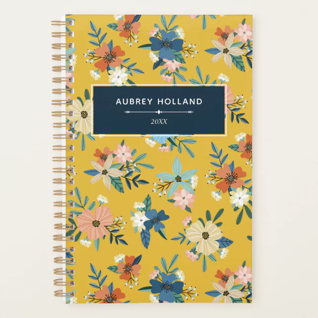 Retro Flowers Blush Yellow Blue Floral Pattern Planner | Zazzle