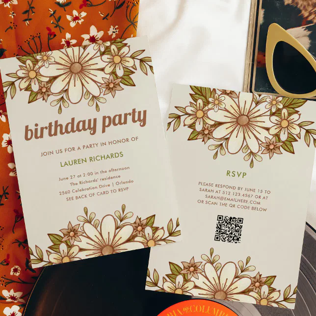 Retro Flowers | QR Code Birthday Party Invitation | Zazzle