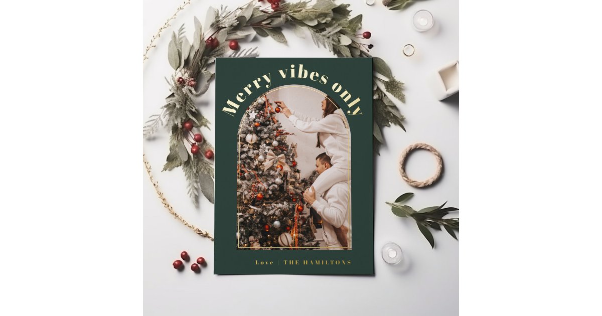 Retro Foil Christmas Card | Merry Vibes only card | Zazzle
