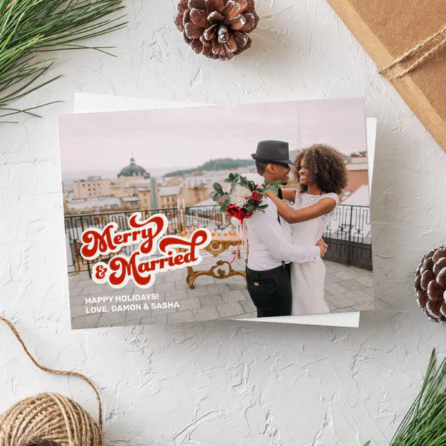 Retro Font "Merry & Married" Full Photo Card | Zazzle
