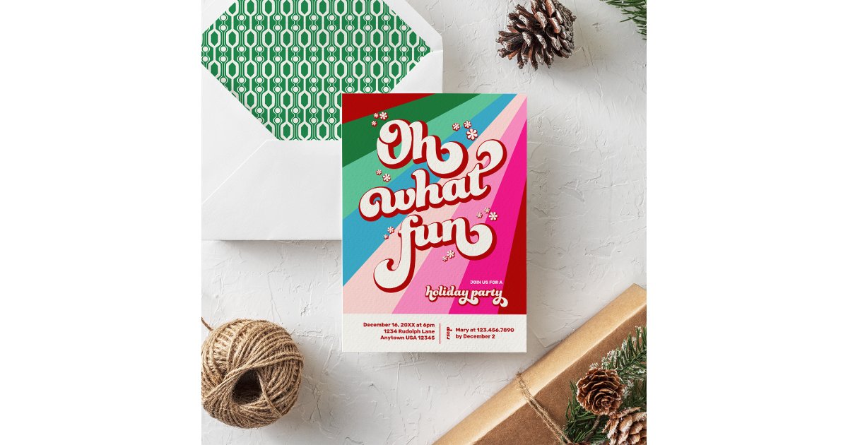 Retro Font Oh What Fun Colorful Christmas Party Invitation | Zazzle