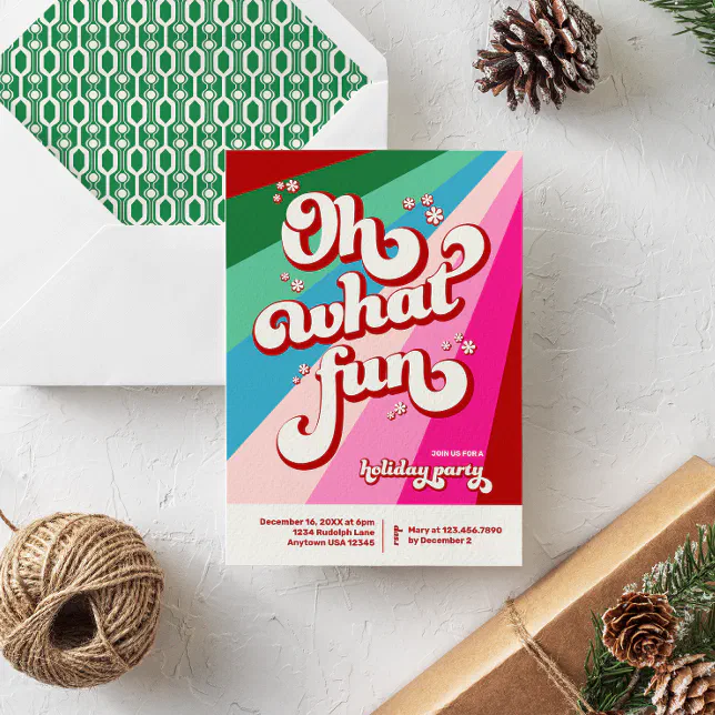 Retro Font Oh What Fun Colorful Christmas Party Invitation | Zazzle