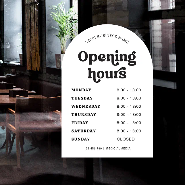 Retro Font Trendy Arch Business Name Opening Times Window Cling | Zazzle