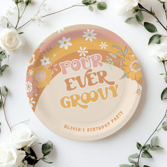 Retro Four ever groovy birthday paper plates | Zazzle