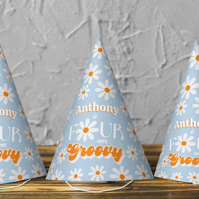 Retro Four Ever Groovy Boys 4th Birthday Party Hat | Zazzle
