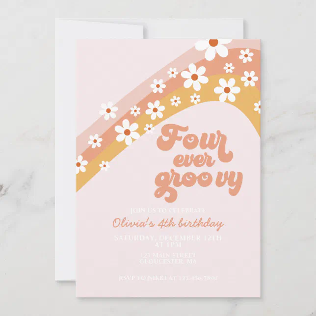Retro Four Ever Groovy daisy boho 4th birthday Inv Invitation | Zazzle