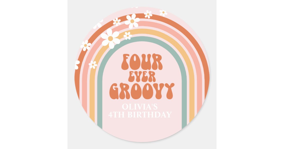 Retro Four Ever Groovy daisy rainbow 4th birthday Classic Round Sticker ...