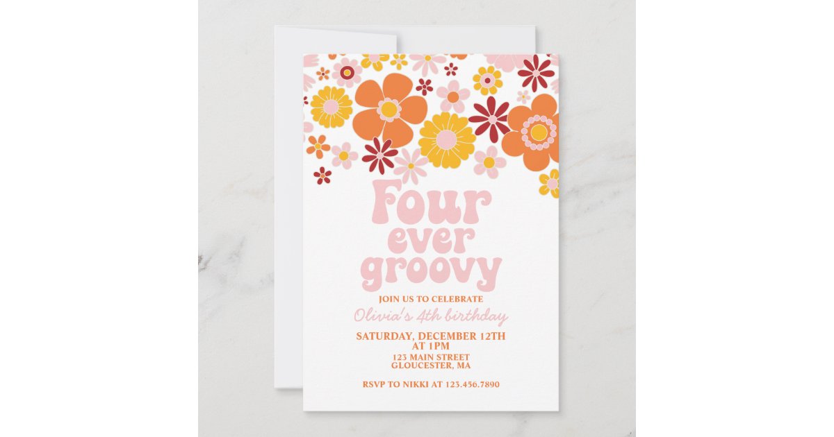 Retro Four Ever Groovy Floral 4th Birthday Invitation | Zazzle