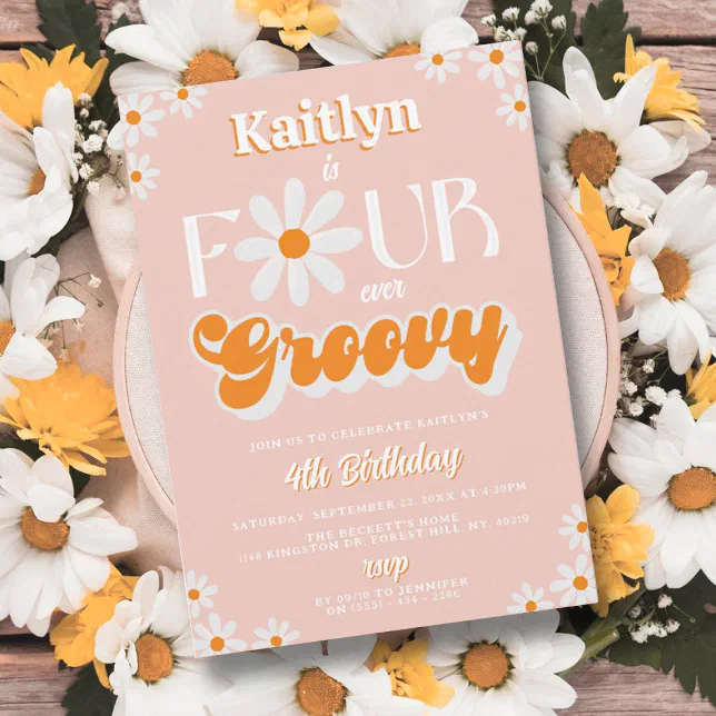 Retro Four Ever Groovy Girls 4th Birthday Invitation | Zazzle