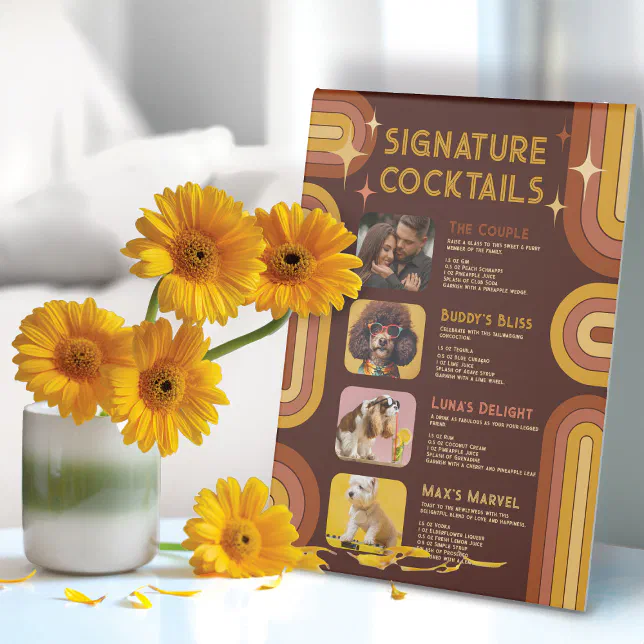 Retro Furry Friends Signature Cocktails Wedding Table Tent | Zazzle