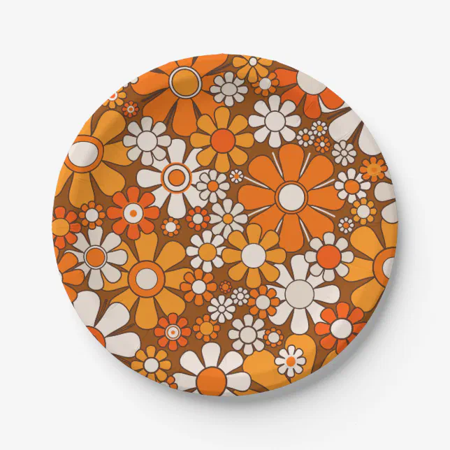 Retro Garden Floral 60s 70s Pattern Brown & Orange Paper Plates | Zazzle