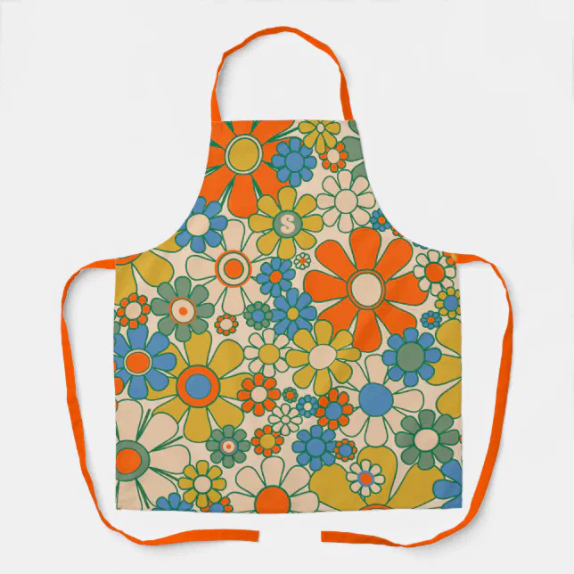 Retro Garden Floral 60s 70s Pattern with Initial Apron | Zazzle
