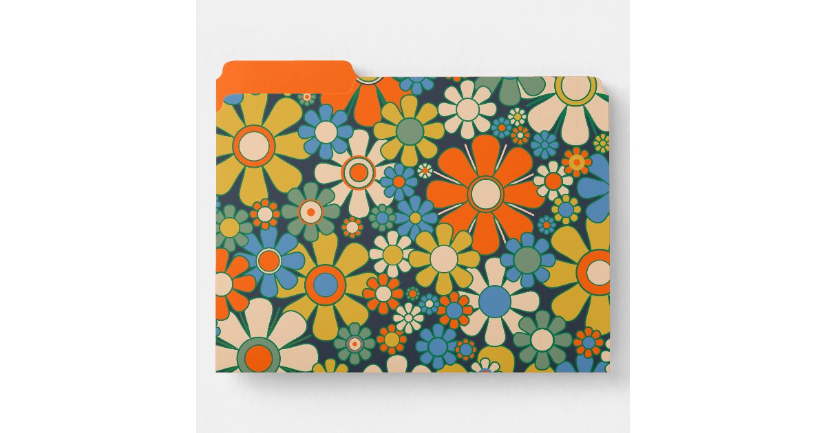 Retro Garden Flowers Floral Pattern Blue Orange File Folder | Zazzle