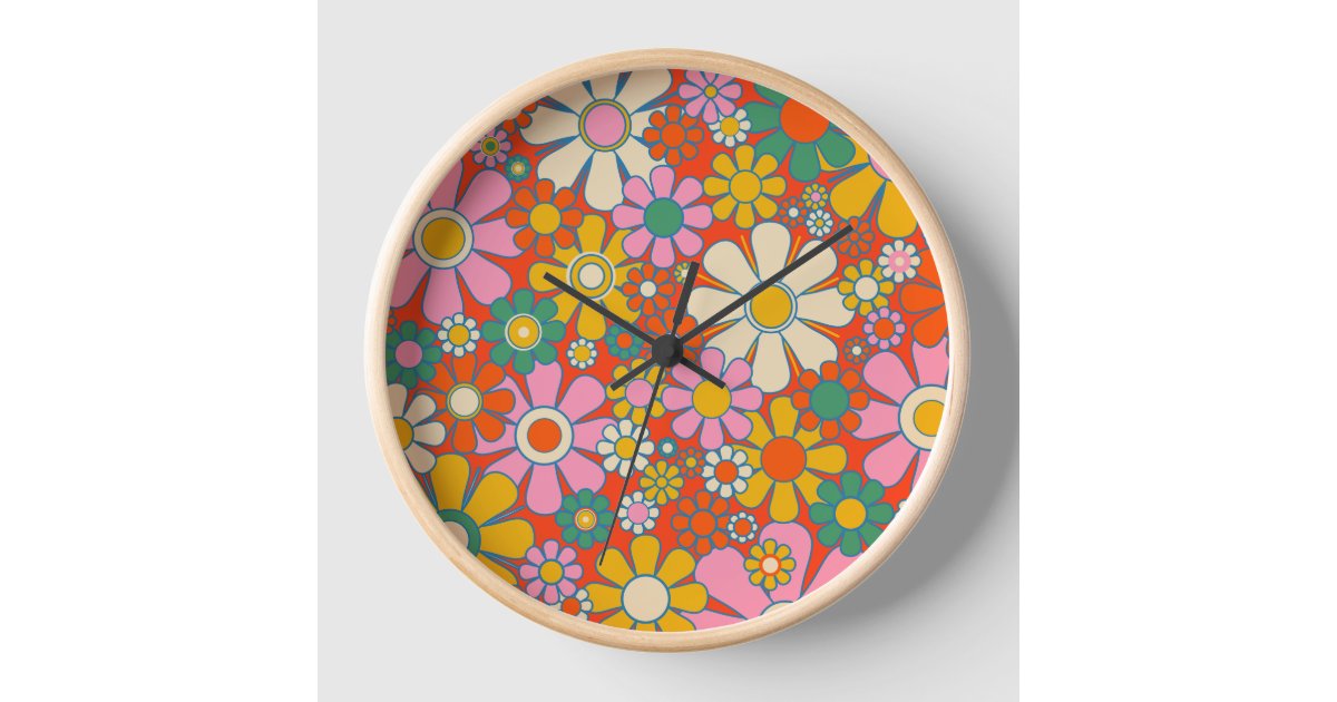 Retro Garden Groovy 60s 70s Floral Pattern Clock | Zazzle