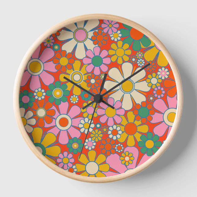 Retro Garden Groovy 60s 70s Floral Pattern Clock | Zazzle