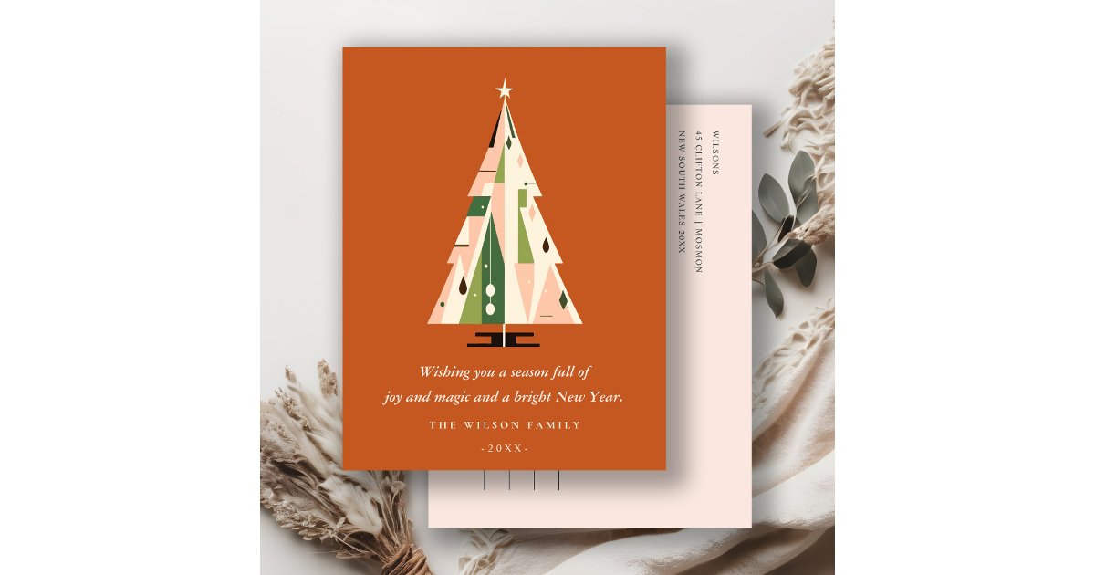 Retro Geometric Christmas Tree Blush Green Rust Holiday Postcard | Zazzle