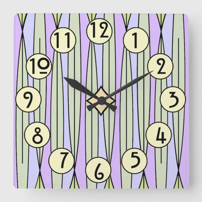 Retro Geometric Pattern in Pastel Green & Lavender Square Wall Clock ...
