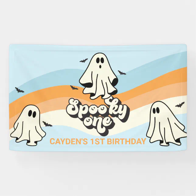 Retro Ghost Halloween Spooky One blue Banner | Zazzle
