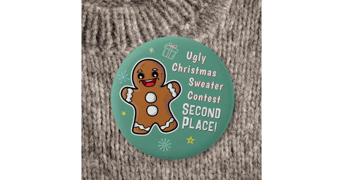 Retro Gingerbread Ugly Xmas Sweater Contest 2nd Button | Zazzle