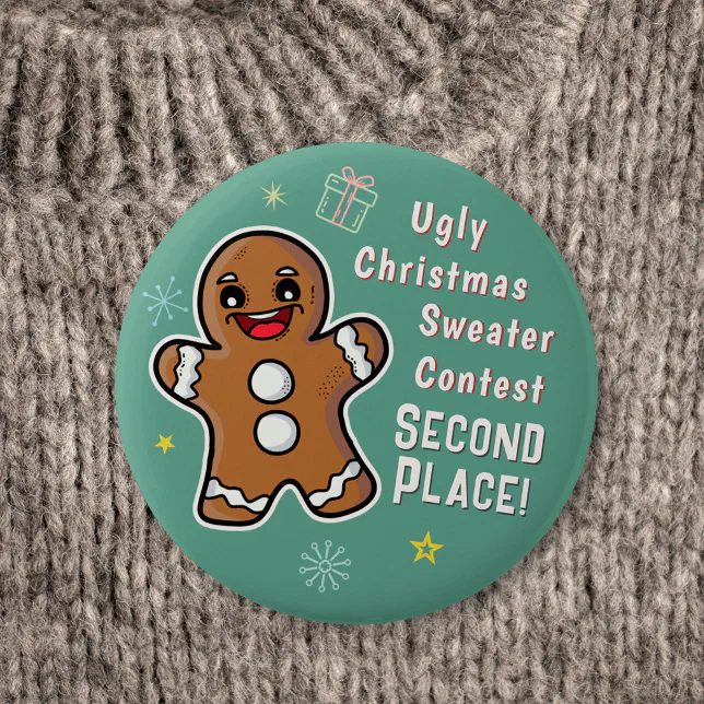Retro Gingerbread Ugly Xmas Sweater Contest 2nd Button | Zazzle