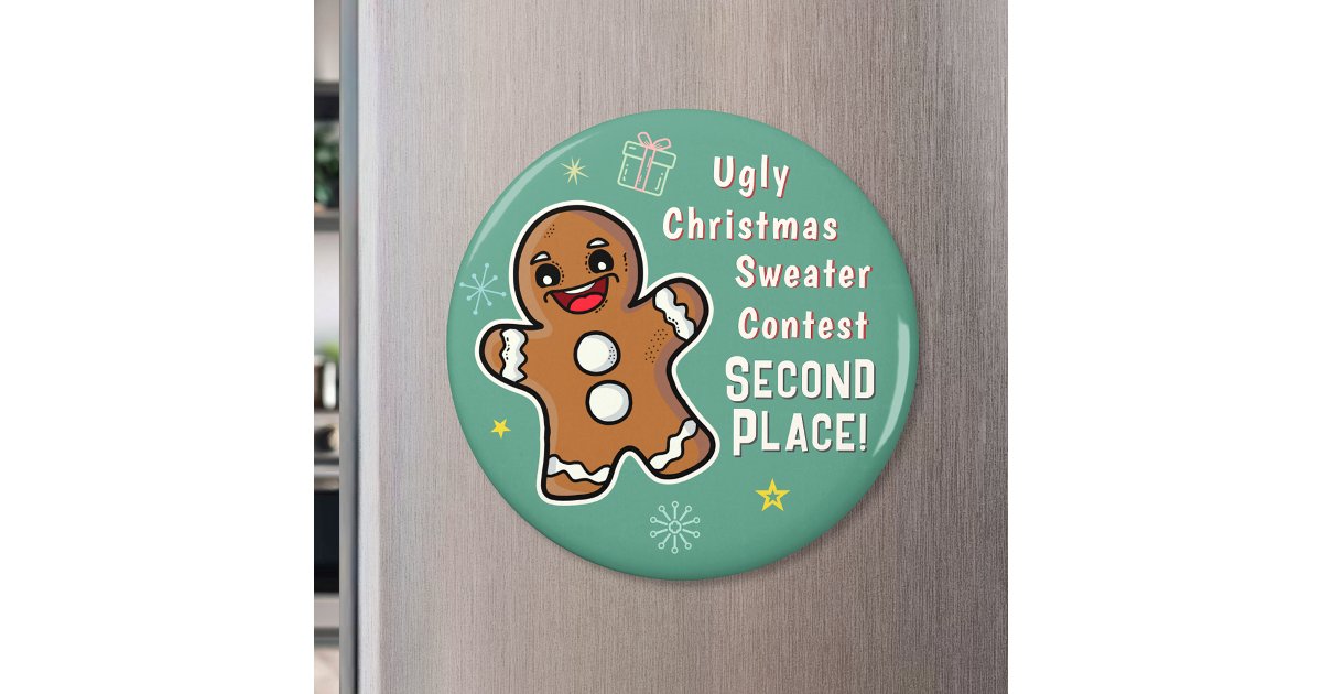 Retro Gingerbread Ugly Xmas Sweater Contest 2nd Magnet | Zazzle
