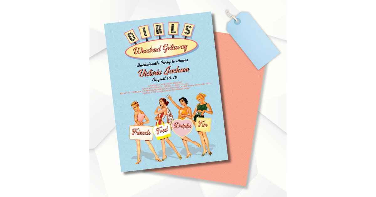 Retro Girls Overnight Luggage getaway Invitations | Zazzle