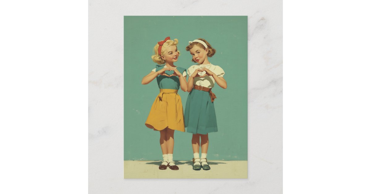 Retro Girls Sharing Heartfelt Joy Postcard | Zazzle