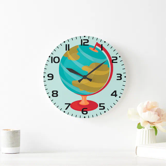 Retro Globe Illustration Vintage Earth Map Large Clock | Zazzle