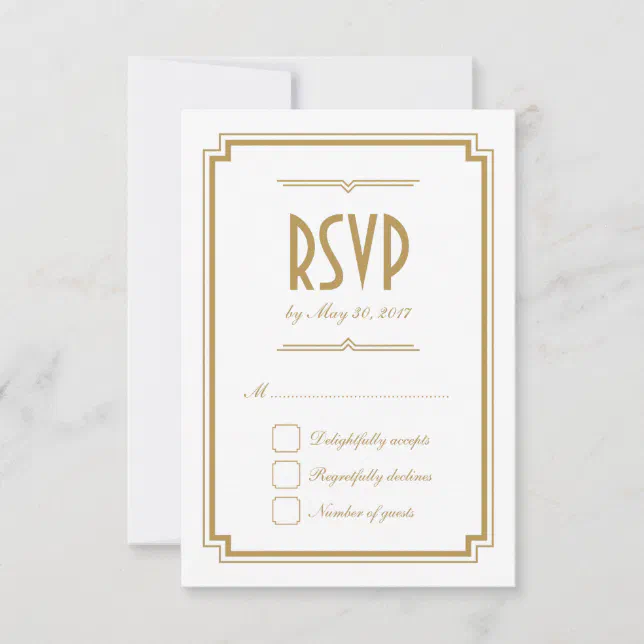 Retro Gold Art Deco Frame White Wedding RSVP Card | Zazzle