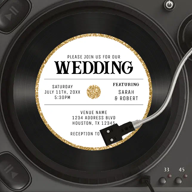 Retro Gold Glitter Vinyl Record Wedding Invitation | Zazzle
