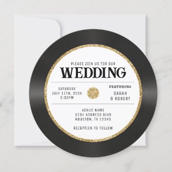 Retro Gold Glitter Vinyl Record Wedding Invitation | Zazzle