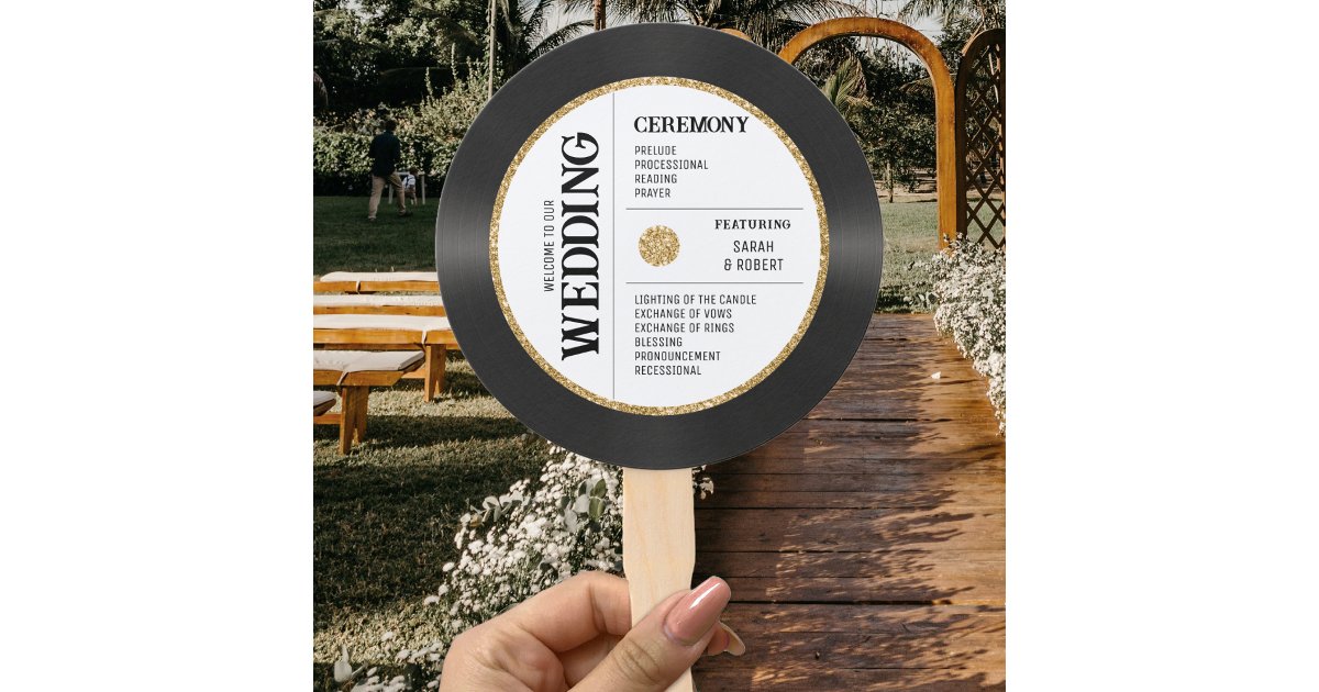 Retro Gold Glitter Vinyl Record Wedding Program Hand Fan | Zazzle